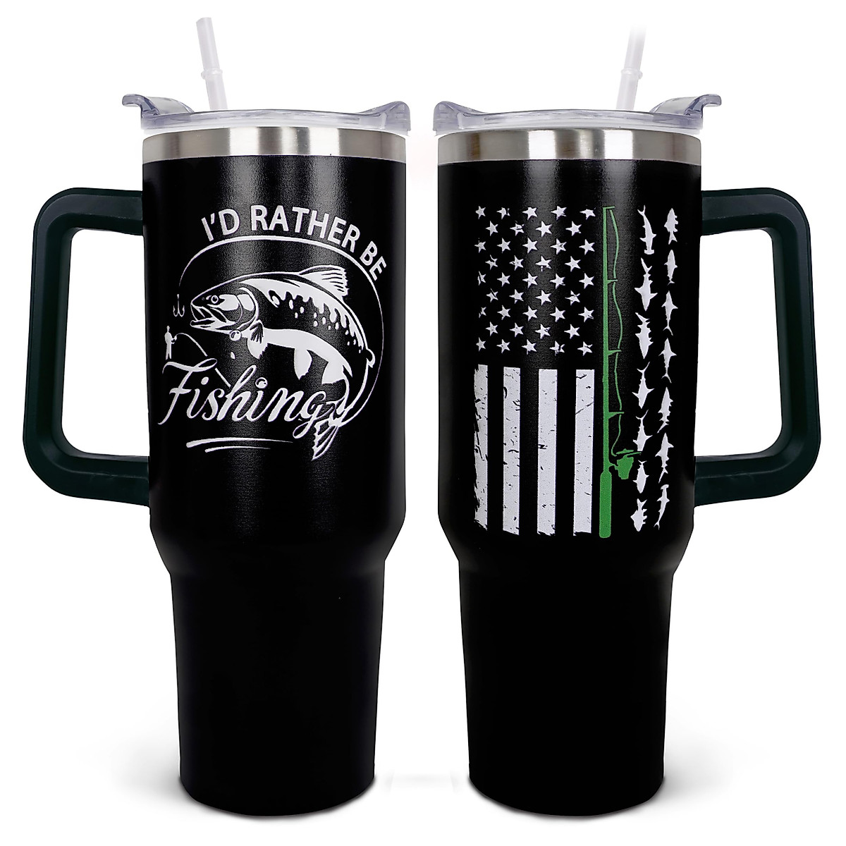 ZNYYZYBA Fishing Gifts for Men, I'd Rather Be Fishing 40 oz Fishing Tumbler with Handle and Straw and Leak Proof Lid, Reusable Stainless Steel Insulated Fishing Coffee Mug, Gifts for Fisherman