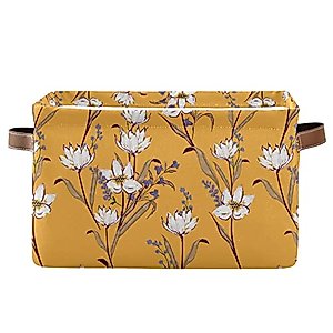 Kigai Vintage Flower Floral Leaves Yeallow Storage Baskets Rectangle Foldable Canvas Fabric Organizer Storage Boxes with Handles for Home Office Decorative Closet Shelves Clothes Storage