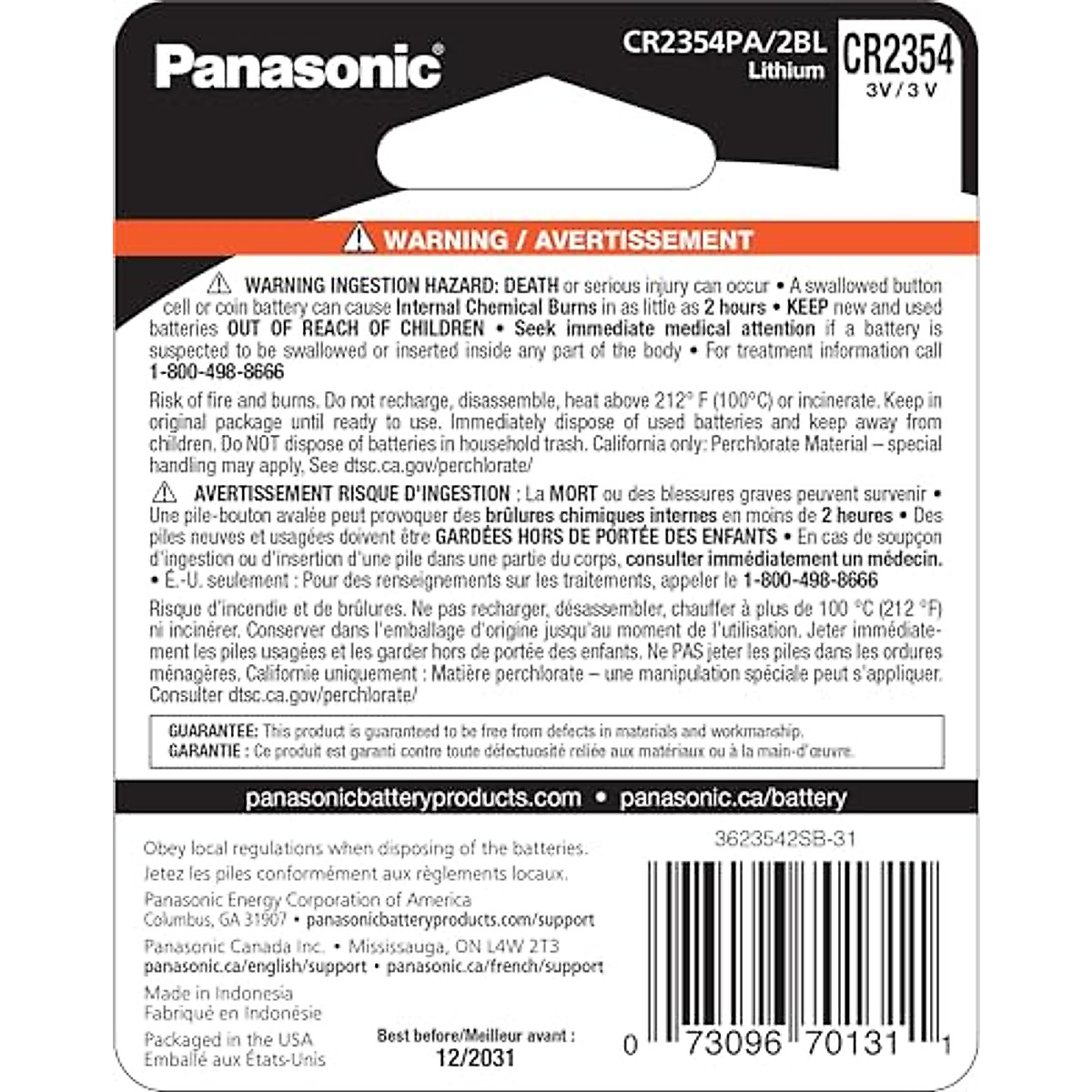 Panasonic CR2354 3.0 Volt Long Lasting Lithium Coin Cell Batteries in Child Resistant, Standards Based Packaging, 2-Battery Pack