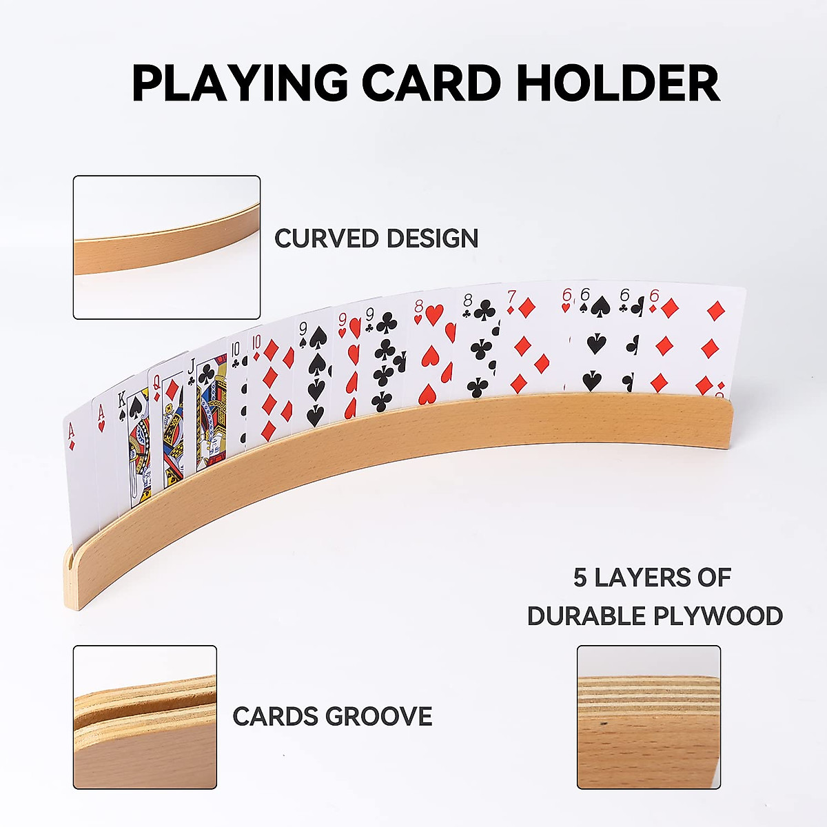 GSE Set of 4 Playing Cards Holders, Wooden Playing Card Racks for Kids, Adults and Seniors, Curved Playing Card Trays for Bridge, Hand & Foot, Rummy, UNO Card Games Playing (17.5-inch)