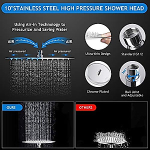 Shower Head Combo,10 Inch High Pressure Round Rain Shower Head with 11 Inch Adjustable Extension Arm and 5 Settings Handheld Shower Head,Powerful Shower Spray Against Low Pressure Water with Long Hose