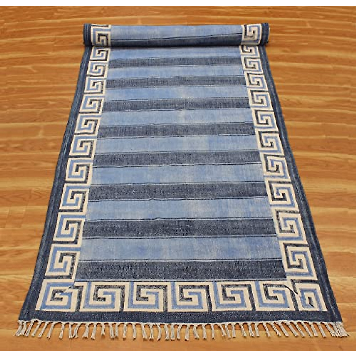 Casavani Hand Block Printed Cotton Dhurrie Striped Tassel Rug Boho Area Rug Easy Care Washable Rugs for Doormat Entryway Living Room Bedroom Hallway Balcony 6x12 Feet Runner