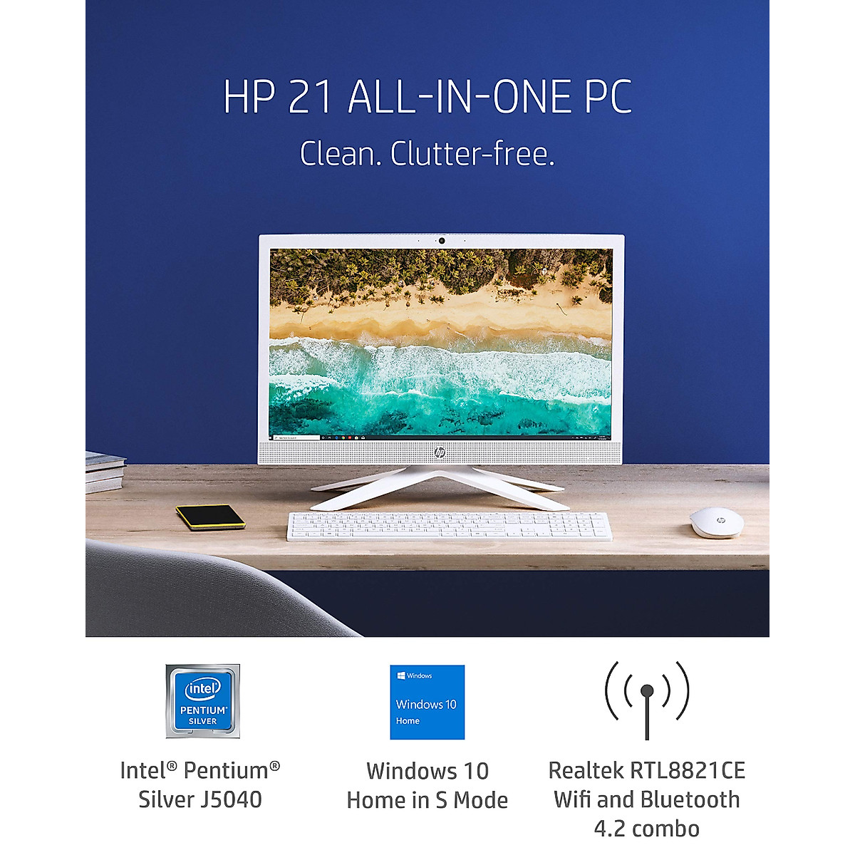 HP 21 All-in-One PC, Intel Pentium Silver J5040 Quad-Core Processor, 4 GB RAM, 128 GB SSD Storage, 20.7-inch Full HD Display, Windows 10 Home with Enhanced Security, Privacy Camera (21-b0020, 2020)