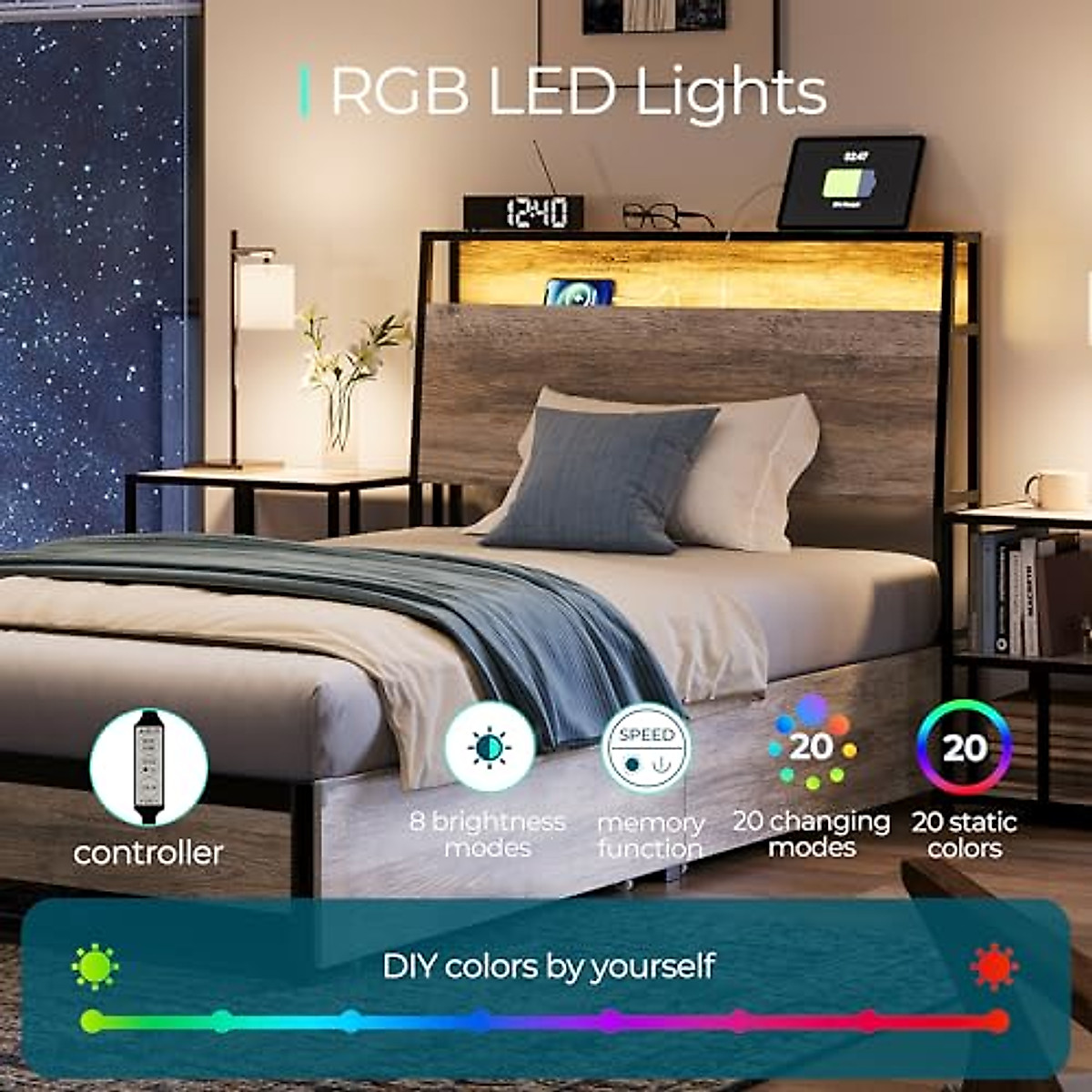 LINSY Twin Bed Frames with Ergonomic Headboard & Lights, Twin Size Bed Frame with 2 Drawers & Charger, Kids Bed Frame with Storage, Greige