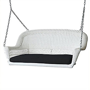 Jeco Wicker Porch Swing in White with Black Cushion