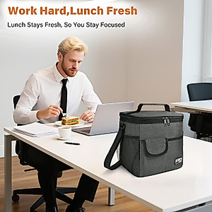 Large Insulated Lunch Bag for Women Men, 10L Leakproof Thermal Reusable Lunch Box for Adult & Kids, Tall Meal Prep Lunch Cooler Tote with Pockets for Office Work by Tirrinia, Charcoal