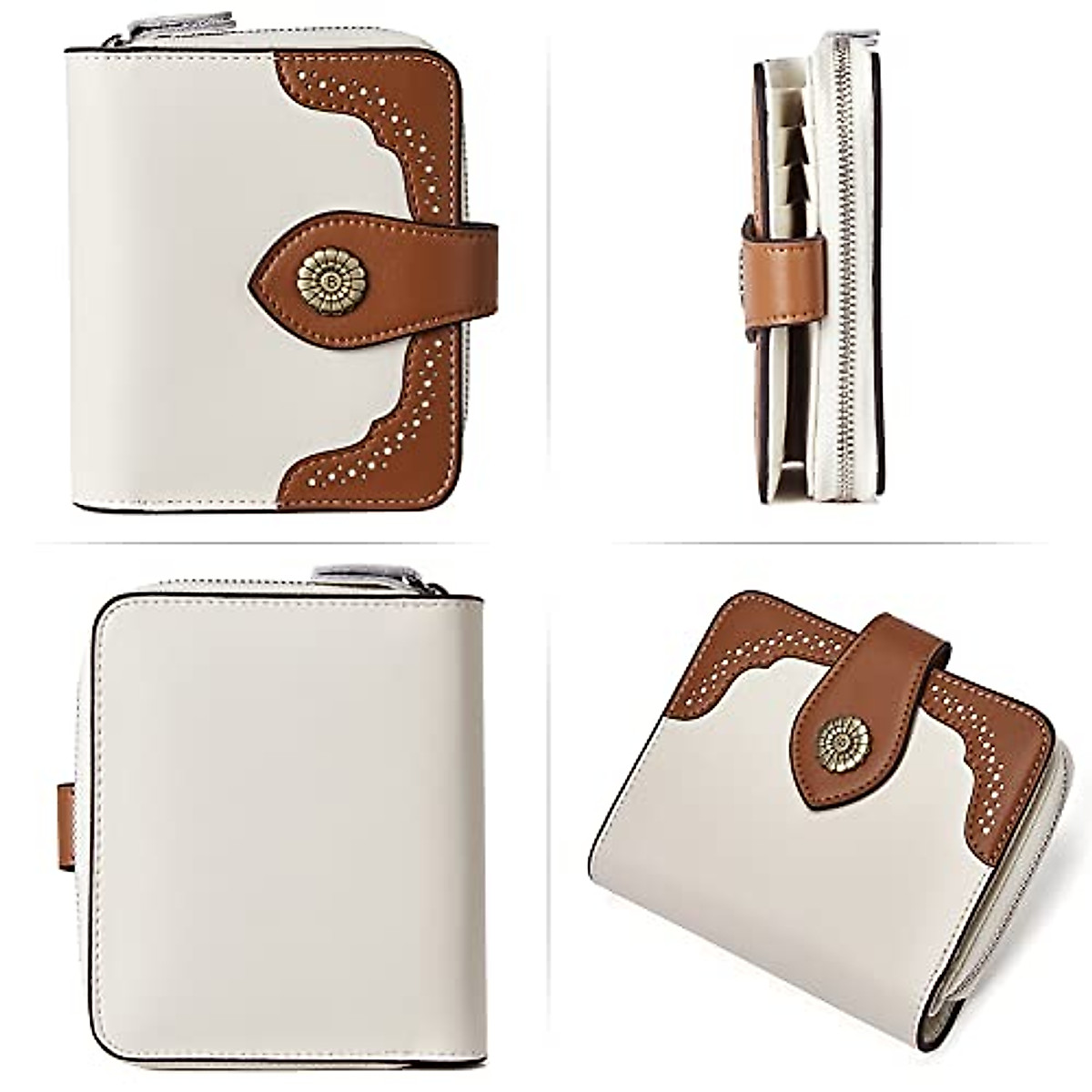 BOSTANTEN Leather Wallets for Women RFID Blocking Zipper Pocket Small Bifold Wallet Card Case White