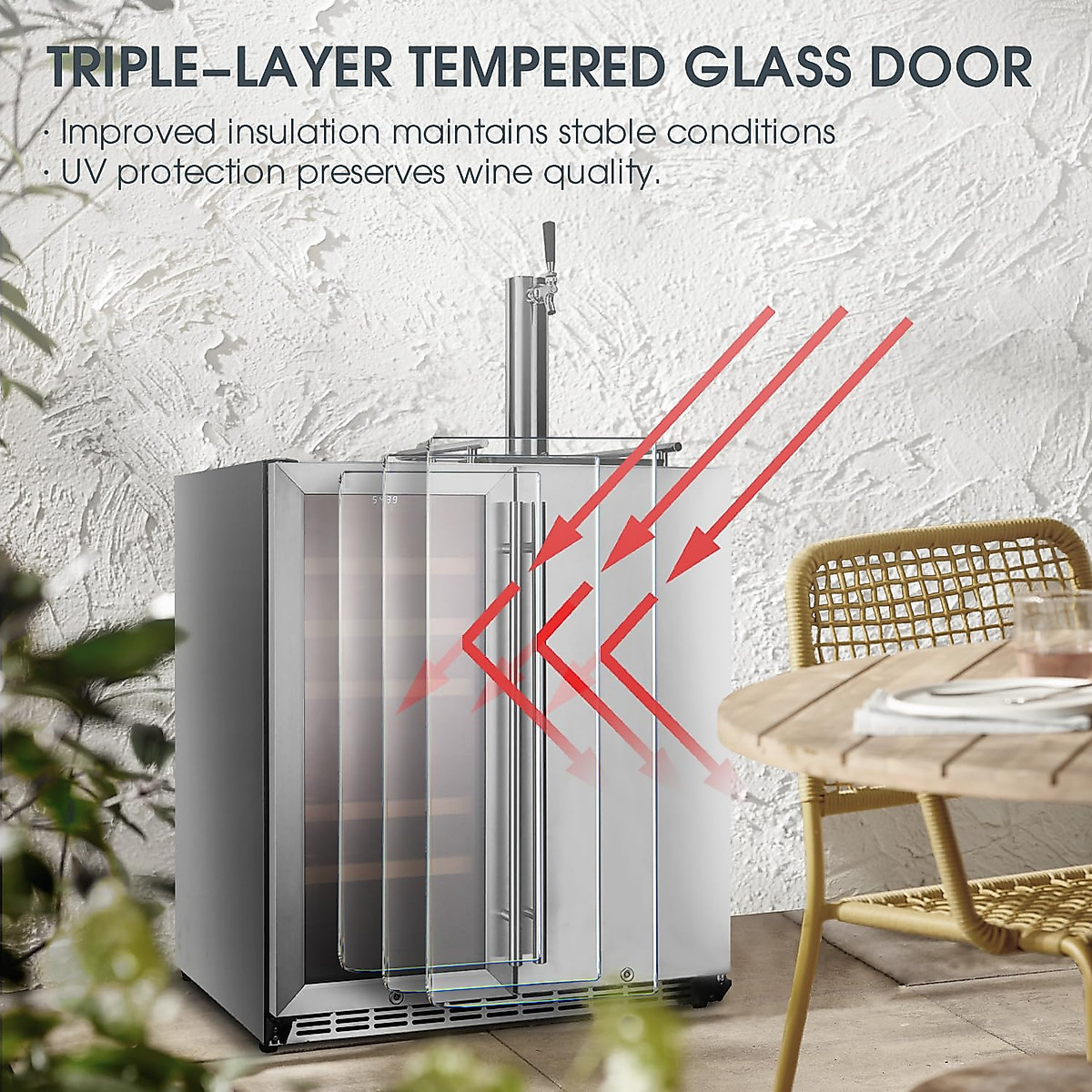 HCK Wine Cooler Fridge and Kegerator 2in1 Outdoor Refrigerator,Cellar Freestanding Refrigerator and keg fridge with tap with Digital Touch Display & Stainless Steel & Triple-Layer Tempered Glass Door