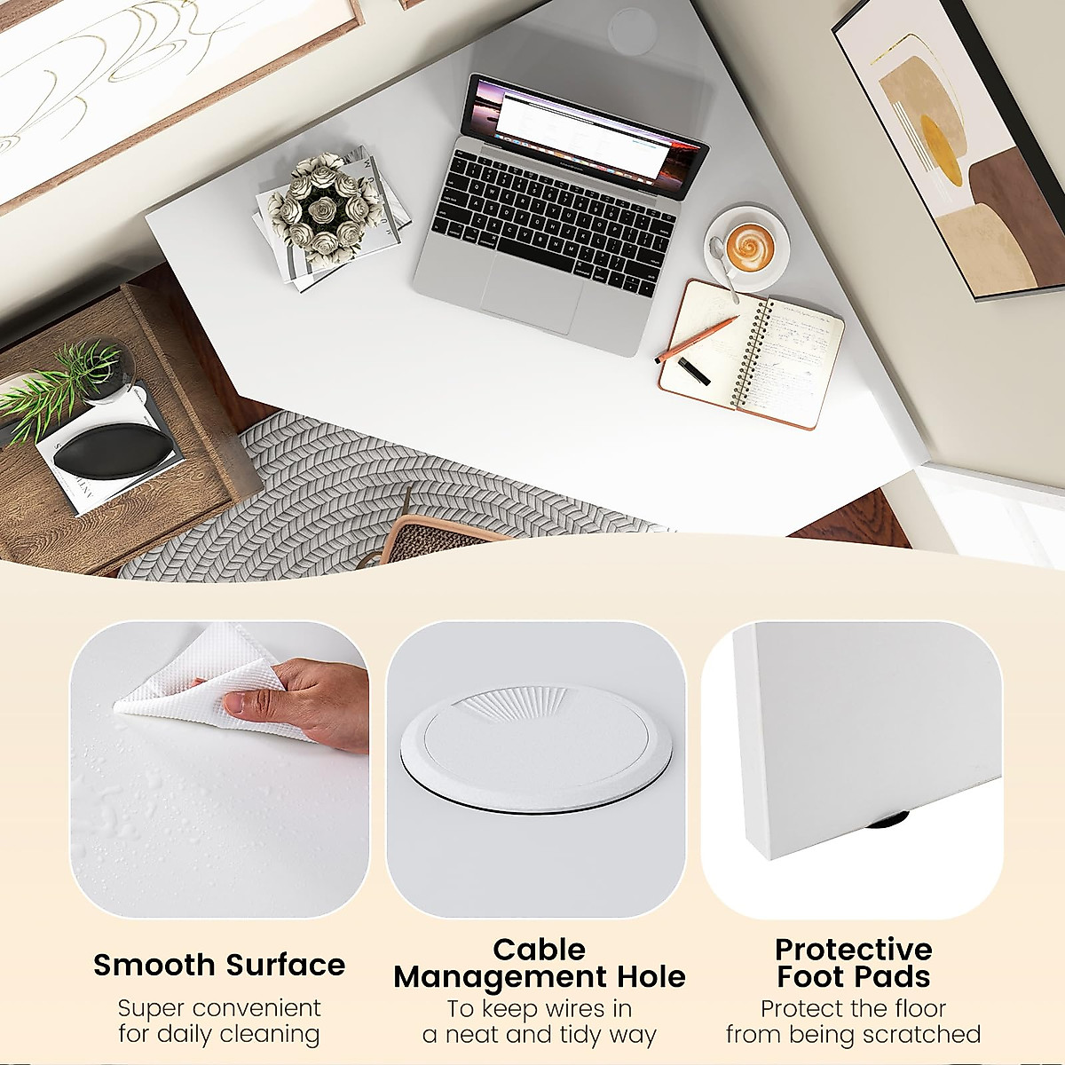 GOFLAME Corner Desk with Storage Shelves, Triangular Computer Desk with Cable Management Holes, Laptop Workstation for Small Space, Makeup Vanity Desk for Living Room, Study, White