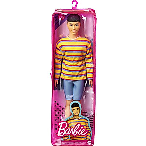 Barbie Ken Fashionistas Doll #175 with Brunette Hair Dressed in Colorful Striped Shirt, Denim Shorts and White Boots