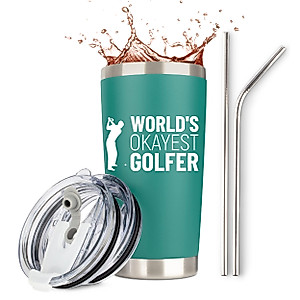 JENVIO Golf Gifts for Men | Worlds Okayest Golfer | Stainless Steel Travel Tumbler Mug w 2 Lids and 2 Straws and Gift Box | Funny Unique Idea Gag Cup Dad Husband Retirement Valentine's Day