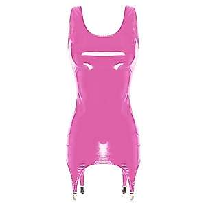 YiZYiF Women's Wetlook Sexy U Neck Sleeveless Bodycon Latex Short Mini Dress with Garter Belt Hot Pink Small