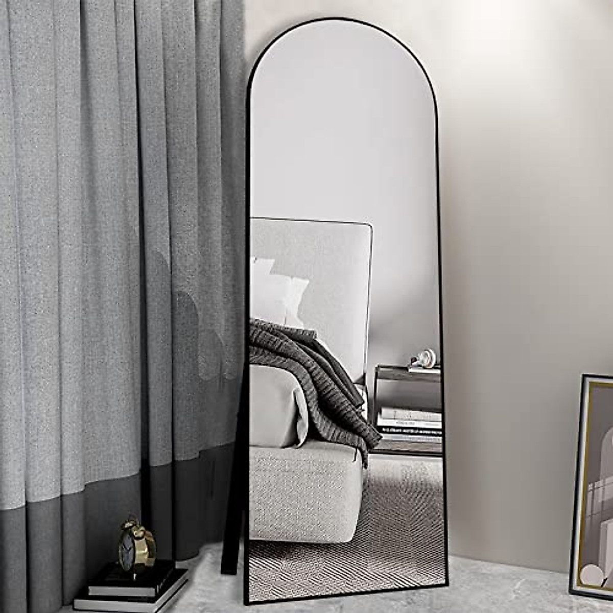 ZMYCZ Full Length Mirror 64"x21" Sleek Arched-Top Floor Mirror with Stand, Large Wall Mirror Standing Hanging or Leaning Against Wall Full Body Mirror for Bedroom, Black