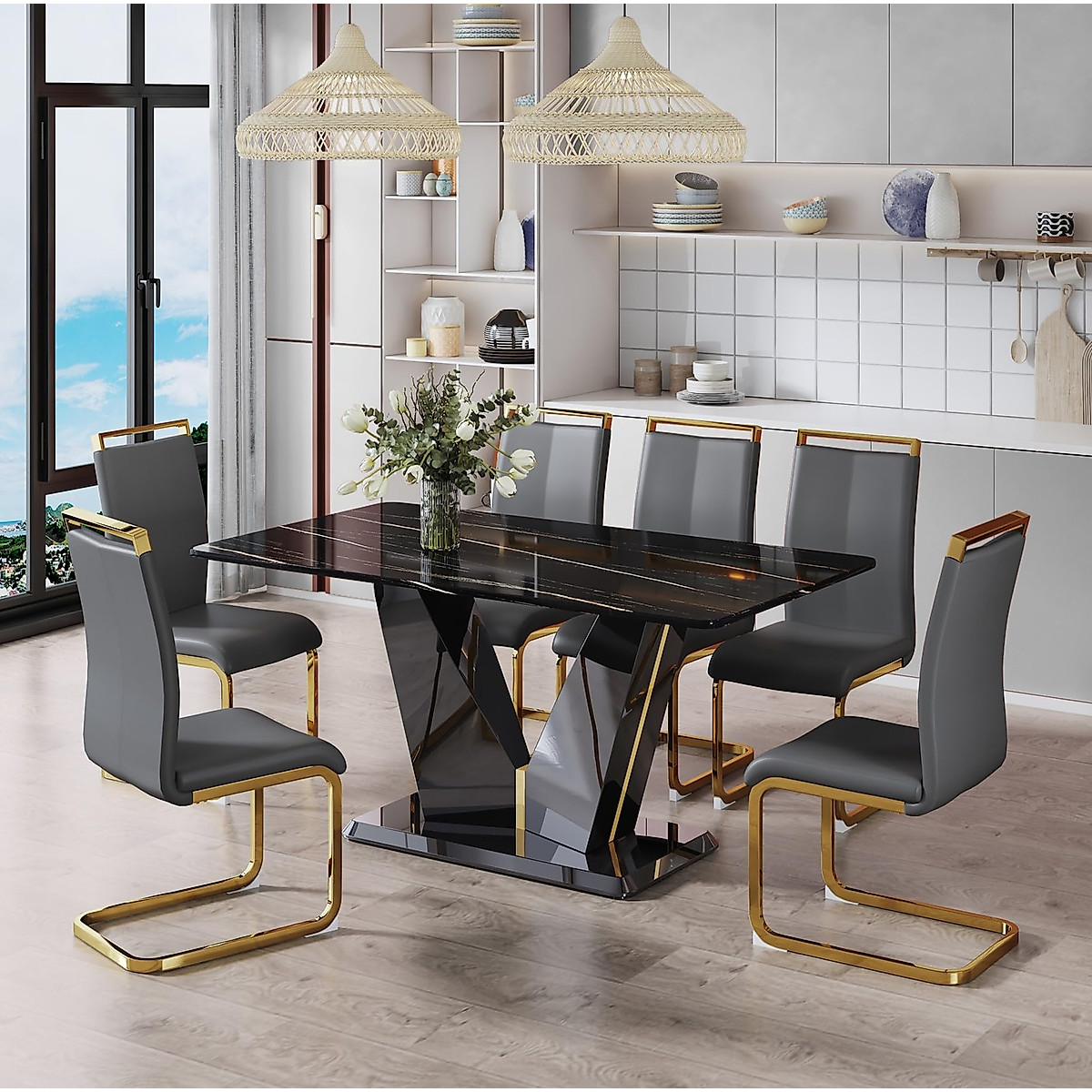 WEKEOT 7 Pieces Modern Dining Table Set 63" Faux Marble Dining Room Table with 6 PU Leather Chair Black Dining Table Set Rectangle Dinner Table Set for Kitchen, Restaurant