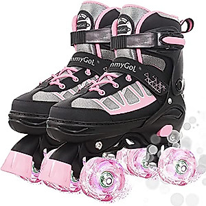 MammyGol Roller Skates for Kids Boys Girls, Adjustable Quad Skates with Light Up Wheels for Toddler Little Kids Ages 6-12 Size 1 2 3 4, Beginners Outdoor Sports, Pink