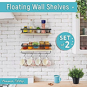 TRIVETRUNNER -ANNA STAY Floating Shelves Wall Mounted for Bathroom and Storage Shelves for Kitchen Set of 2, with Towel Bar, Cotton Towel Included (Light Brown)