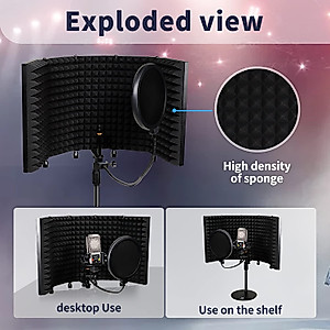 Studio Microphone Isolation Shield with Desk Mic Stand and Pop Filter, High Density Sound Proof Absorbing Foam, Portable Acoustic Treatment Equipment for Recording Mics Home Studio Podcast Vocal Booth