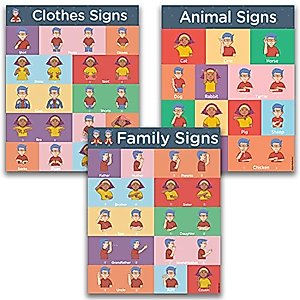 Sign Language Posters for Classroom - 3 Pack Includes: Family, Clothes, and Animal Sign Language Charts for Kids. ASL Posters for Classrooms are Each 16x20 inches, Dry Erase, and Made in the USA.