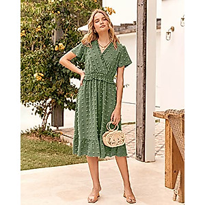 BTFBM Elegant Short Sleeve V Neck Swiss Dot Midi Summer Dresses for Women 2023 Boho Ruffle Long Dresses Ruffle Cocktail Dress（Solid Green,X-Large