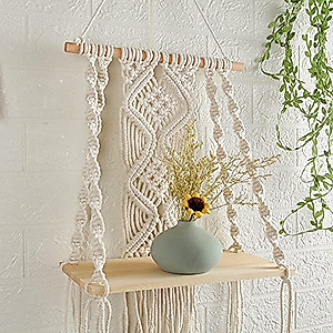 Handmade Macrame Wall Hanging Shelf, Boho Indoor Rope Plant Pot Basket Hanger Holder, Rope Plant Hanger for Wall Decor Indoor Outdoor