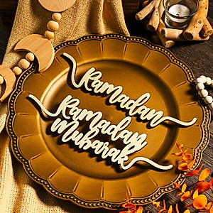 12 Pcs Ramadan Mubarak Wood Cutouts Ramadan Plate Sign Ramadan Kareem Wooden Word Cutouts Eid Mubarak Decorations for Islamic Muslim Home Table Plate Decoration (Vivid Style)