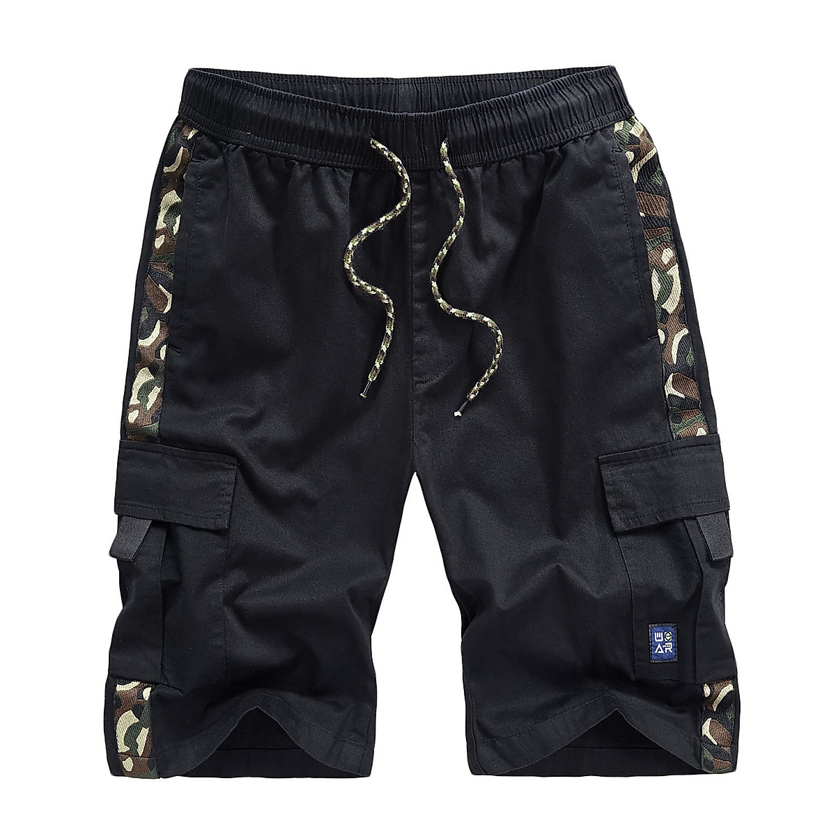 Slim Shorts for Men Mens Linen Shorts Classic-Fit Camo Drawstring Elastic Waist Cargo Shorts Outdoor Multi Pocket Shorts 7" Inseam 7 Inch Inseam Shorts Men Black 2X