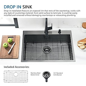 28 Inch Drop In Black Stainless Steel Kitchen Sink, Doirteal 28 x 22 x 10 Inch Matte Black Kitchen Sink 16 Gauge Stainless Steel Topmount Single Bowl Sink Single Basin with Bottom Grid