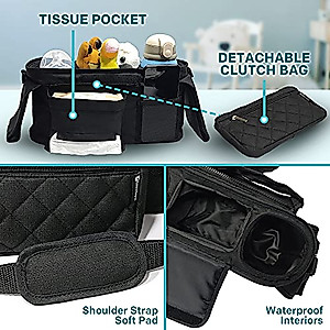 ComfyDegree Universal Baby Stroller Organizer Anti-Slip Detachable Pouch Bag Insulated Bottle Cup Holders Tissue Compartment, Secured Straps, Pockets for Diaper, Phone, Keys, Toys (Black)