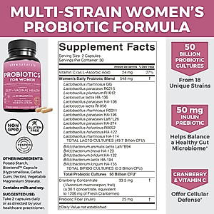 Viva Naturals Probiotics for Gut Health with Prebiotic Fiber, Cranberry & Vitamin C-50 Billion CFU Pre & Probiotics for Women Digestive Health, Vaginal Health from 18 Strains-Shelf-Stable 60 Capsules