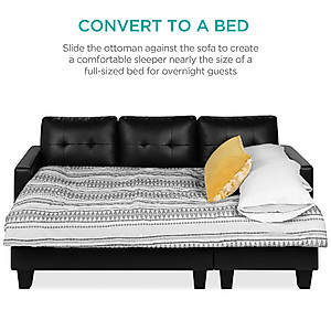 Best Choice Products Tufted Faux Leather 3-Seat L-Shape Sectional Sofa Couch Set w/Chaise Lounge, Ottoman Coffee Table Bench, Black