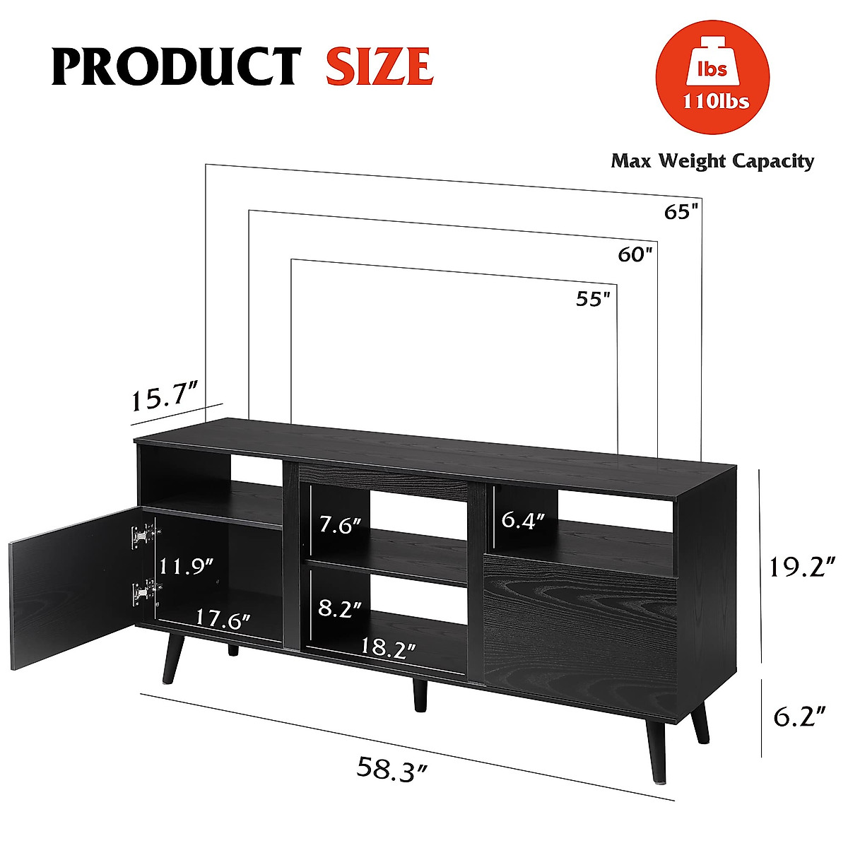 WLIVE TV Stand for 65 Inch TV, 58 inch Entertainment Center with 2 Storage Cabinets, Media Console for Living Room, Bedroom and Office, Black