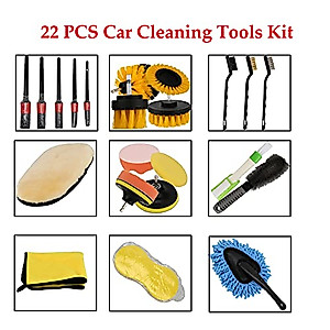 MAHIONG 22 PCS Car Cleaning Tools Kit, Car Detailing Brush Set, Auto Detailing Drill Brush Set Car Cleaning Kit with Tire Brush Polishing Pads for Interior Exterior Cleaning