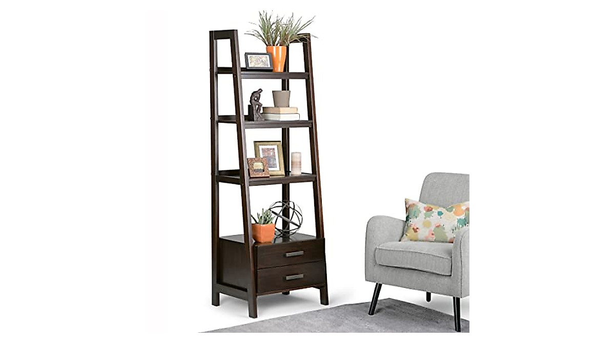 SIMPLIHOME Industrial Ladder Shelf - Solid Wood Storage, 24 Inch
