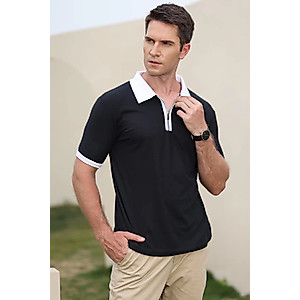 Rela Bota Men's Short Sleeve Polo Shirts Fashion Zipper Polos Casual Slim Fit T-Shirt Black with White 2XL