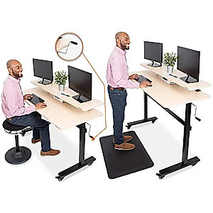 Stand Steady Tranzendesk | 55 Inch Standing Desk with Clamp On Shelf & Detachable Wheels | Crank Height Adjustable Sit to Stand Workstation | Monitor Riser Supports 3 Screens (55 in / Maple)