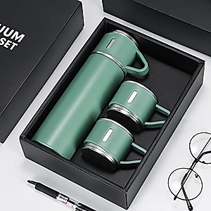 MUCR 500ml/17 OZ Stainless Steel Coffee Thermo Vacuum Flask Set, Insulated Water Bottle with Three Cup for Hot and Cold Drinks, Green