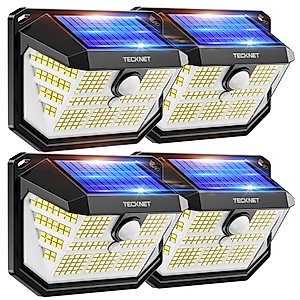 TECKNET 231 LED Motion Sensor Outdoor Lights, 4 Pack, 300° Solar Security Wall Lights, 3 Lighting Modes, IP65 Waterproof, PIR Motion Sensor for Outside, Fence, Garden, Yard, Deck, Garage - Cool White
