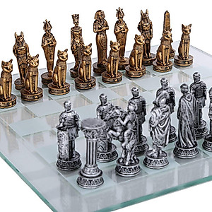Pacific Giftware Romans Vs Egyptians Chess Set with Glass Board Set