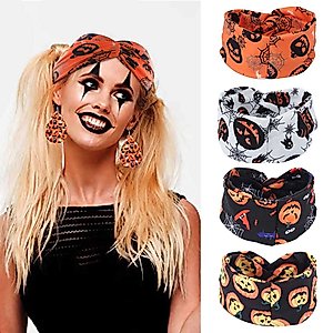 Catery Halloween Headbands Pumpkin Head Wraps Stretchy Witch Spider Web Hair Bands Cross Knotted Turban Headband Halloween Costume Party Hair Accessory for Women and Girls Pack of 4