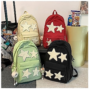 JHTPSLR Preppy Backpack Y2K Aesthetic Backpack Fluffy Stars Patchwork Aesthetic Backpack Cute Y2K Book Bags Backpack Supplies (Red)