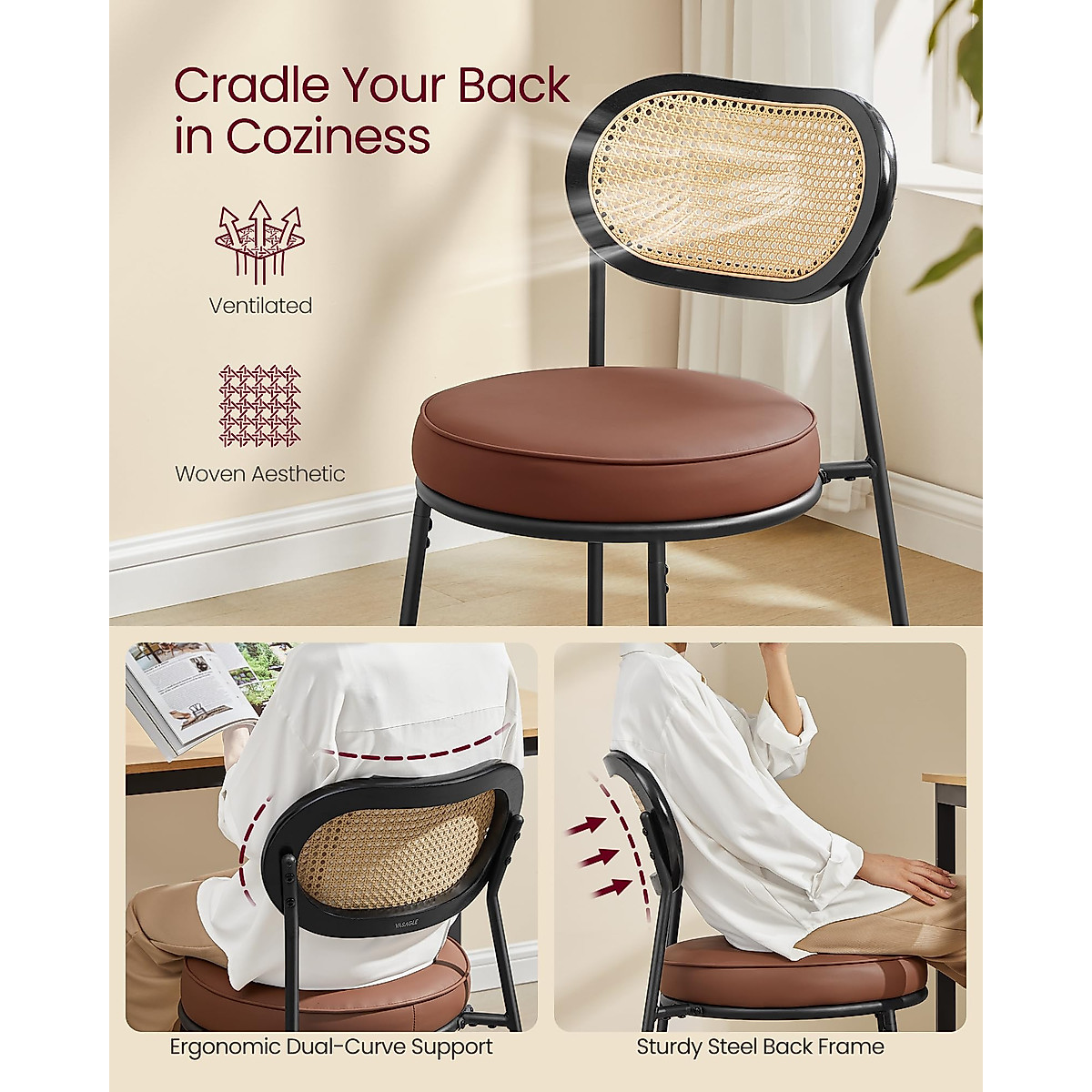 VASAGLE Dining Chairs, Set of 2 Dining Room Chairs with Boho PE Rattan Back, Synthetic Leather Upholstered Accent Chairs for Kitchen Living Room, Coffee Brown ULDC160K02V1