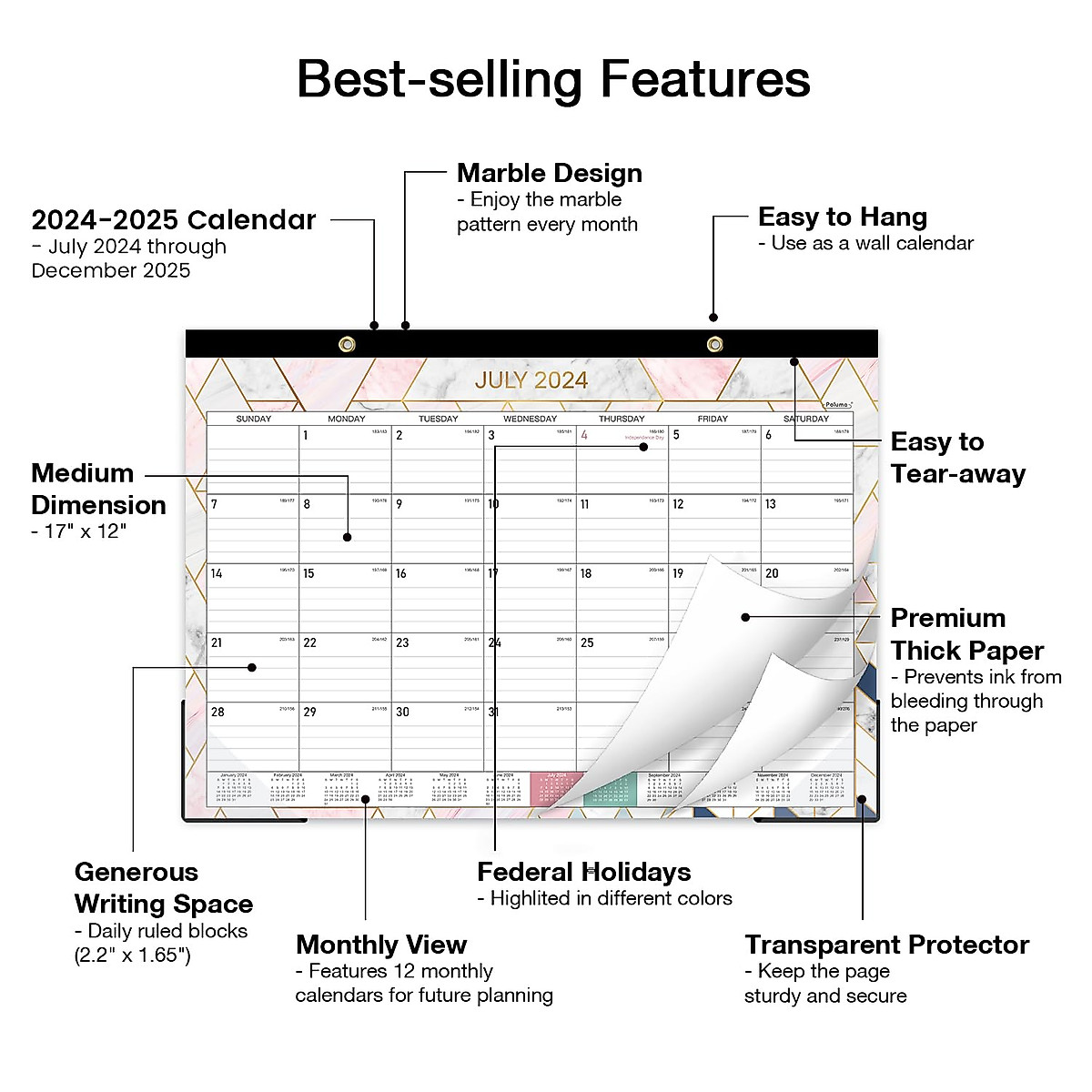 Desk Calendar 2025 - Monthly 2025 Desk Calendar, 12'' x 16.8", JAN 2025 - DEC 2025, 18 Monthly Wall Calendar, Large Ruled Blocks, Perfect for Planning and Organizing Your Home or Office
