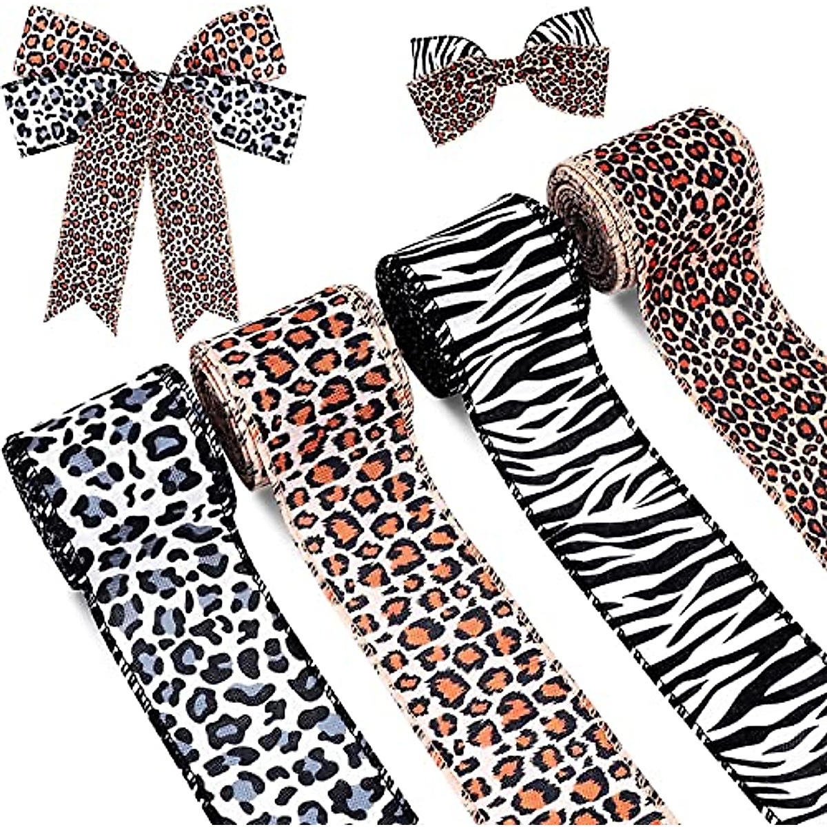 Kuscul 4 Rolls 20 Yards Leopard Print Ribbon Animal Print Ribbon Zebra Cheetah Wired Edge Ribbon Decorative Wrapping Ribbon for for Home Decor, Gift Wrapping, Tree Topper Bow, Wreath, DIY Crafts, 2in