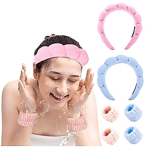 XBagSJ 2Pack SPA Headband for Washing Face, Puffy Headband, Face Wash Headband and Wrist Washband Set, Soft and Comfortable, Makeup, Shower, Skin Care headbands for Women Girls（Pink & Blue）