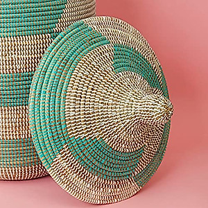 Senegal Jumbo Hand Woven Grass Turquoise Herringbone Basket with Hooded Lid
