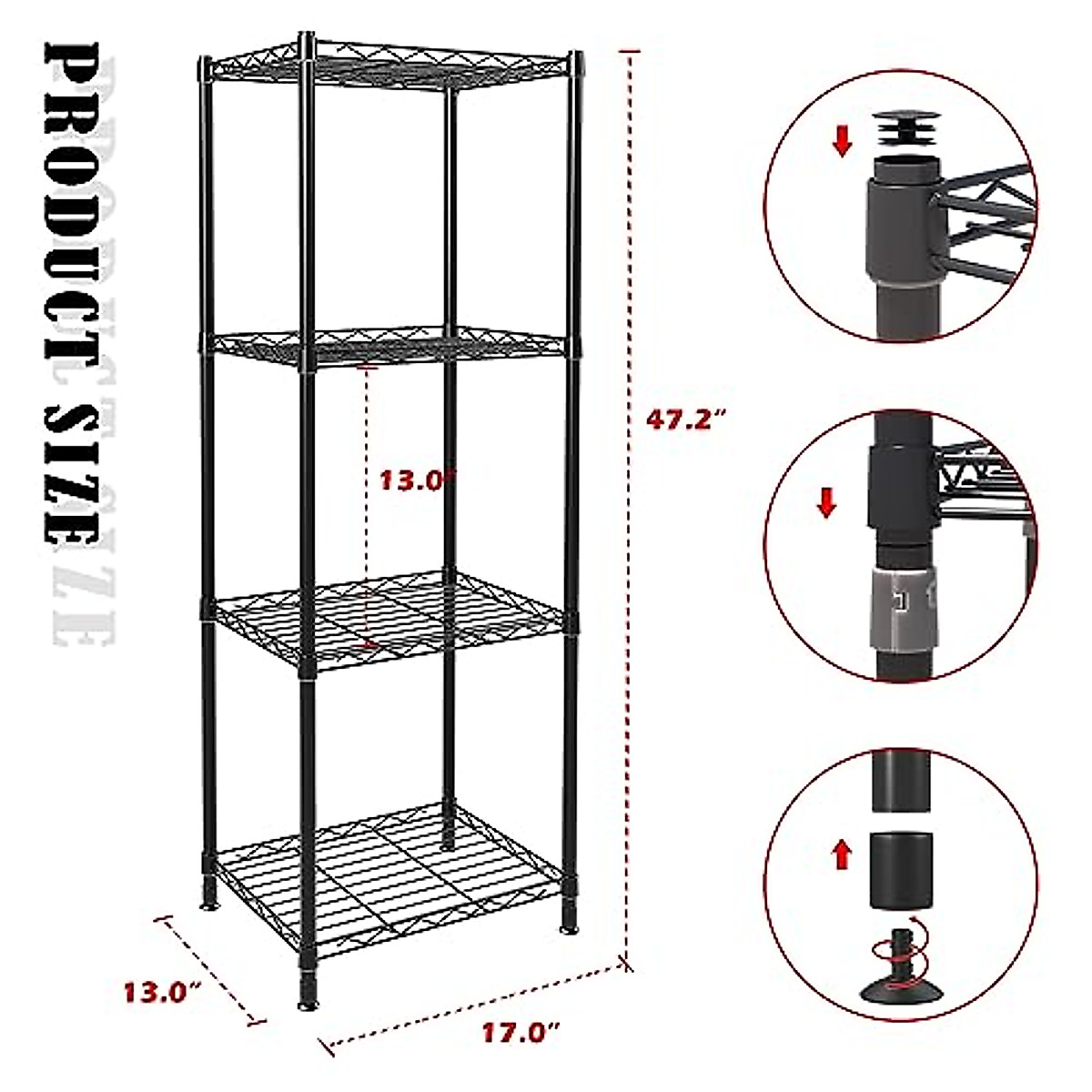 YisanCrafts 4 Tier Fixed Layer Spacing Storage Shelf Metal Storage Rack Wire Shelving Unit Storage Shelves Metal 528Lbs Capacity 17" L x 13" W x 47" H for Pantry Closet Kitchen Laundry Black