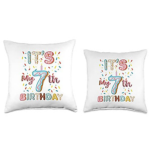 Donut Birthday Party Theme Gifts Decorations Birthday 7 yr Old Girl Donut Party Theme Shirt Throw Pillow, 18x18, Multicolor