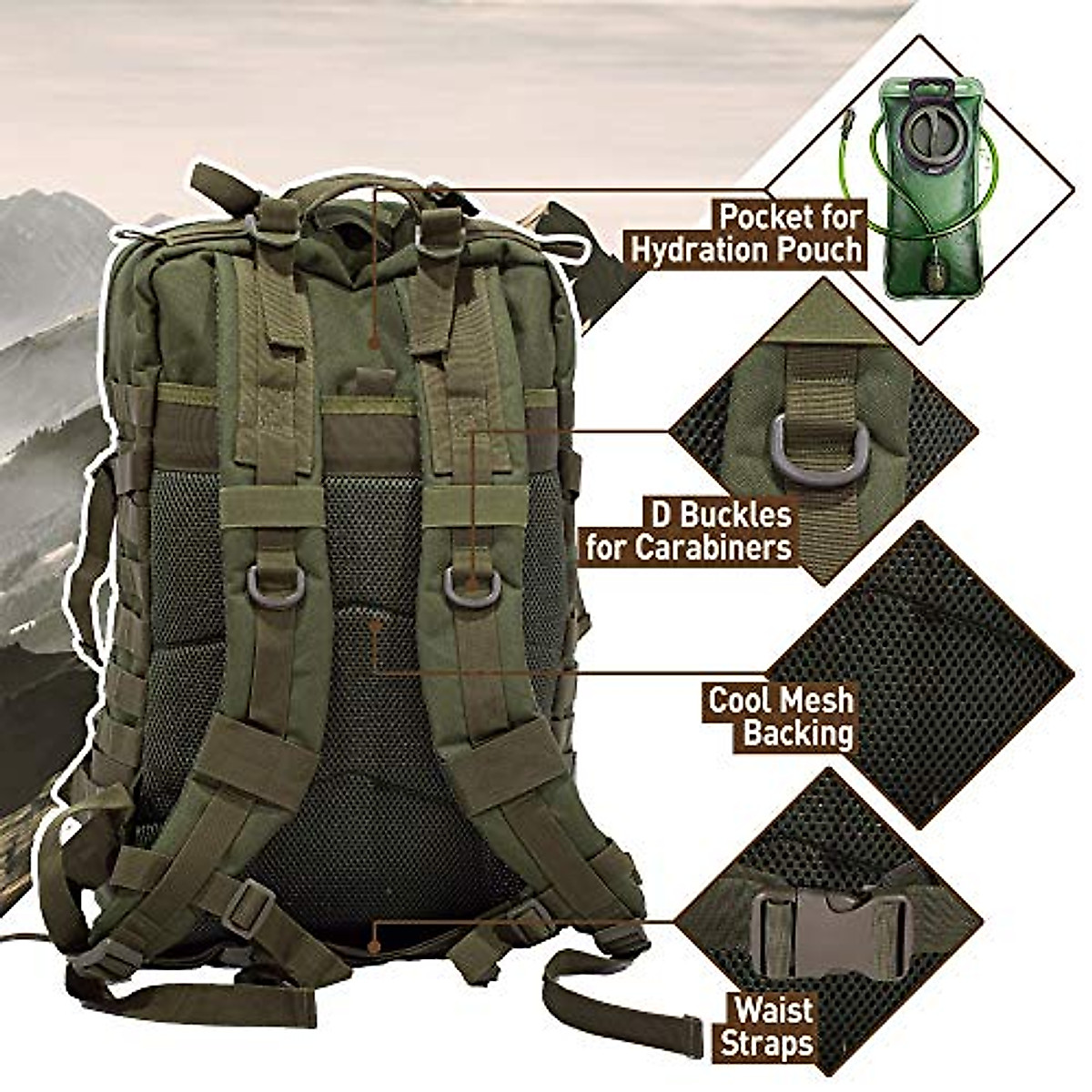 Bug Out Bag Backpack - 50L Tactical Backpack - Great for Survival Essentials (Green Camo)