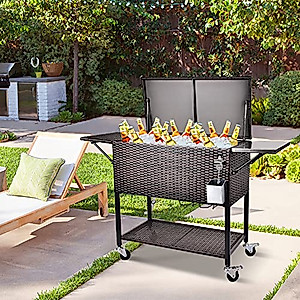 OKIDA Rolling Wicker Cooler Cart Outdoors, 80 Quart Ice Chest with Bottle Opener, Portable Beverage Bar for Patio Pool Party, Rattan Cooler Trolley with Stainless Cutting Board and Waterproof Cover