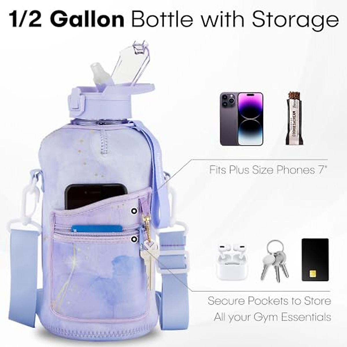 HYDRARANK Half Gallon Water Bottle with Sleeve - BPA Free Gym Water Bottle with Straw and Spout Lid - Leak Proof - Reusable Large Water Jug with Strap, Handle for Daily Hydration (74 Ounce)